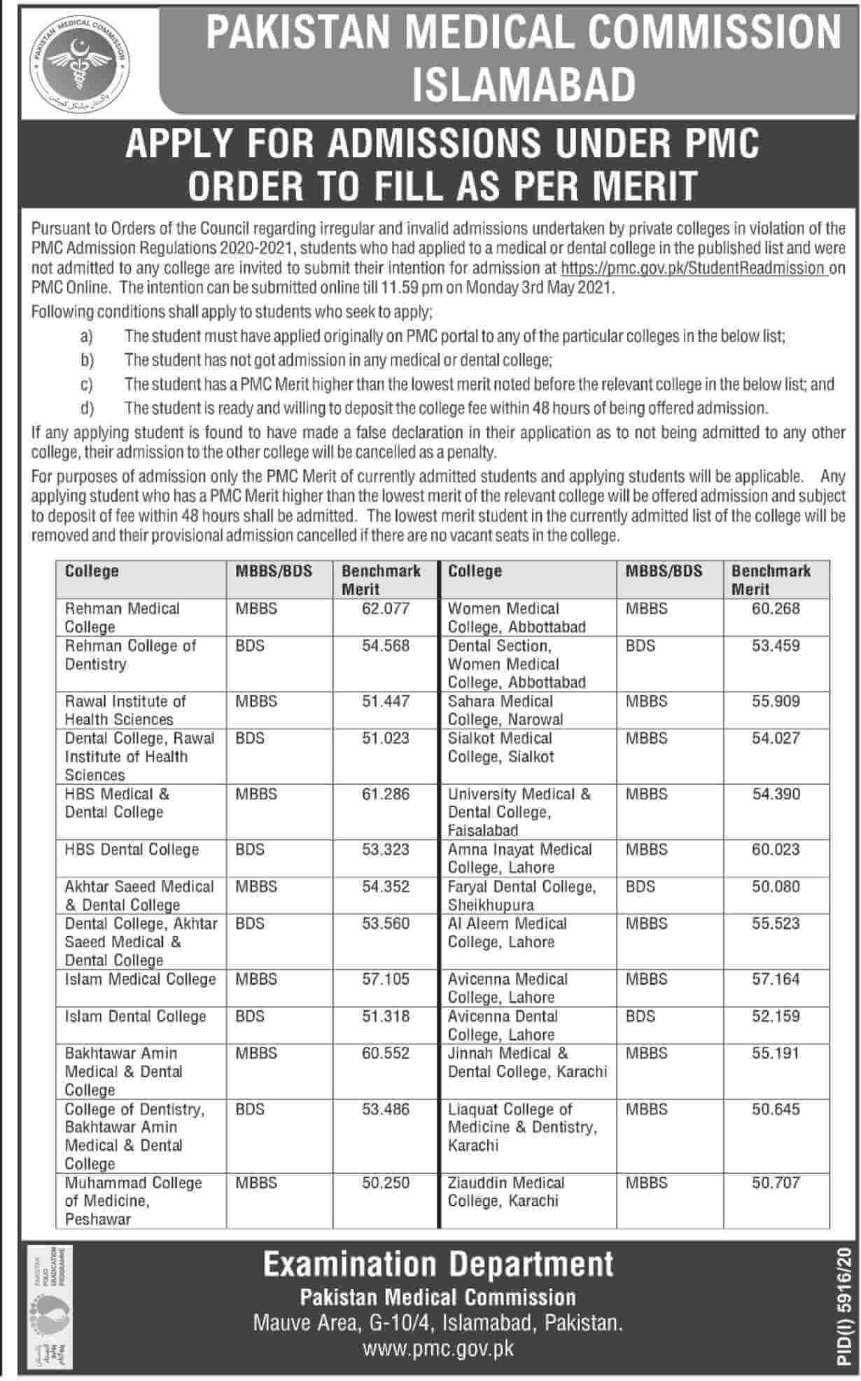 Pakistan Medical Commission PMC Islamabad MBBS & BDS Admissions April ...